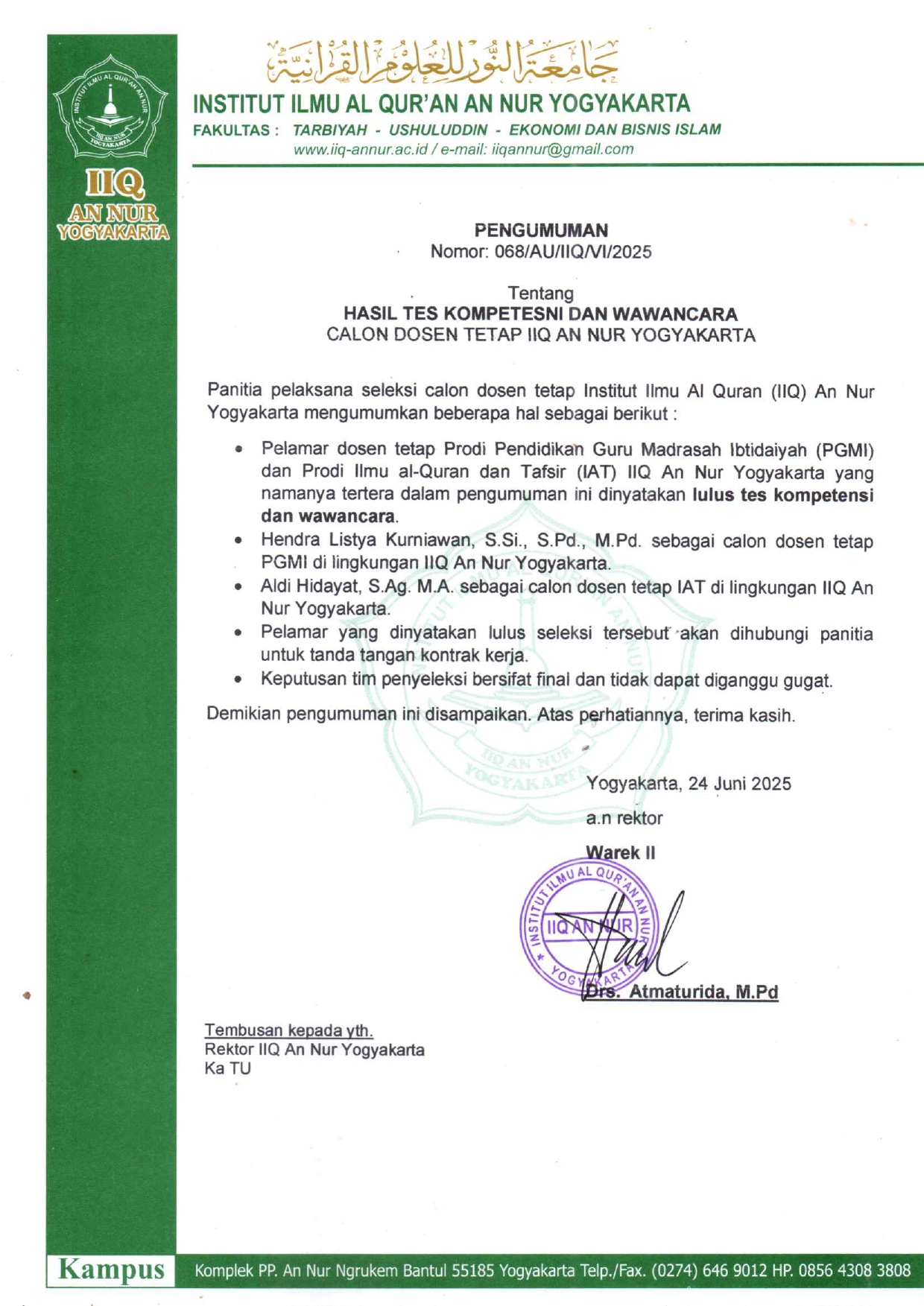HASIL TES KOMPETENSI DAN WAWANCARA CALON DOSEN TETAP IIQ AN NUR ...